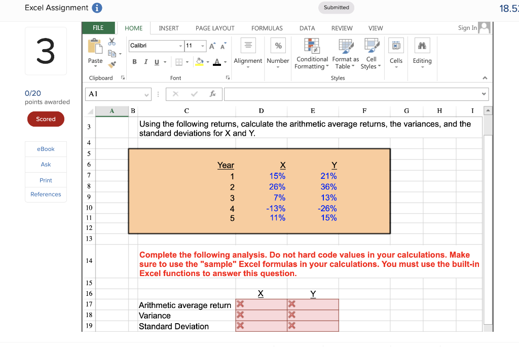 Solved Excel Assignment i Submitted 18.5 FILE HOME INSERT | Chegg.com