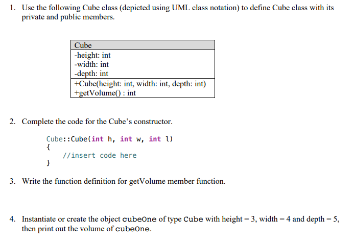 Solved 1 Use The Following Cube Class Depicted Using Uml
