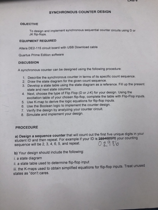 Solved SYNCHRONOUS COUNTER DESIGN OBJECTIVE To design and | Chegg.com
