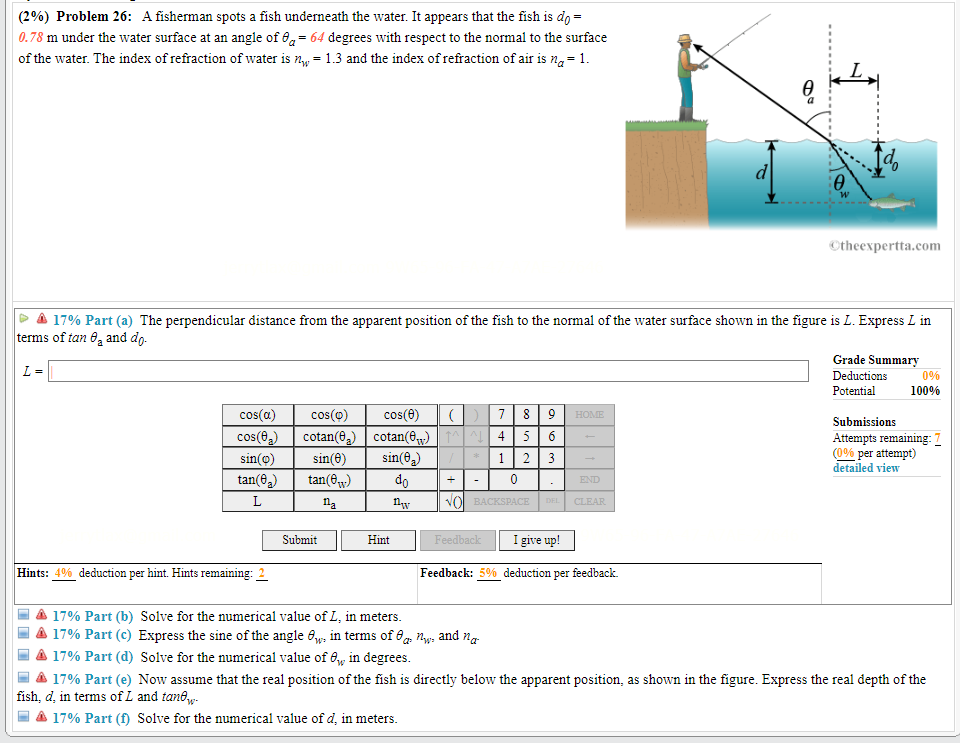 Solved (2%) Problem 26: A fisherman spots a fish underneath | Chegg.com
