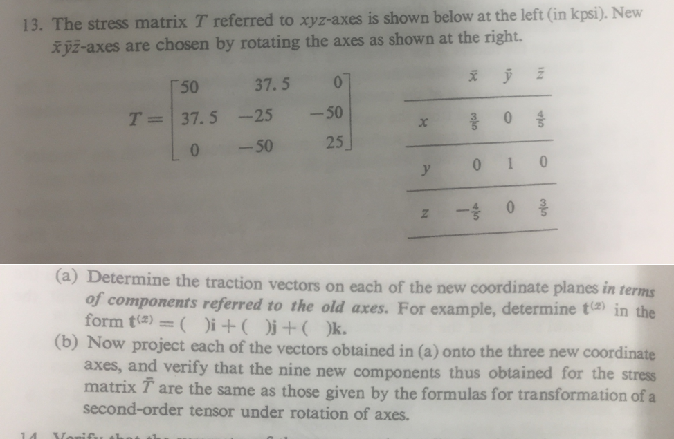 Solved 13. The stress matrix T referred to xyz-axes is shown | Chegg.com