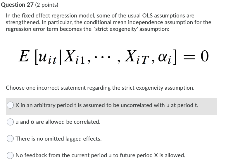 Solved Question 27 (2 points) In the fixed effect regression | Chegg.com