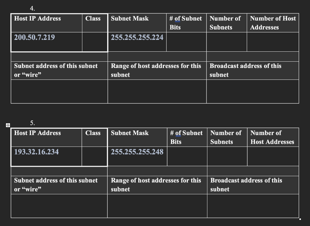 Solved 4. Host IP Address Class Subnet Mask # of Subnet Bits | Chegg.com