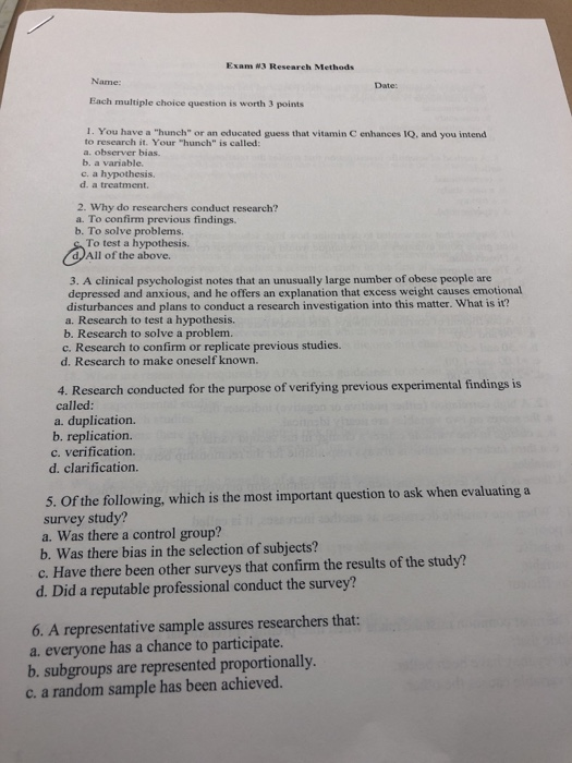 Solved Exam #3 Researeh Methods Name: Date: Each multiple | Chegg.com