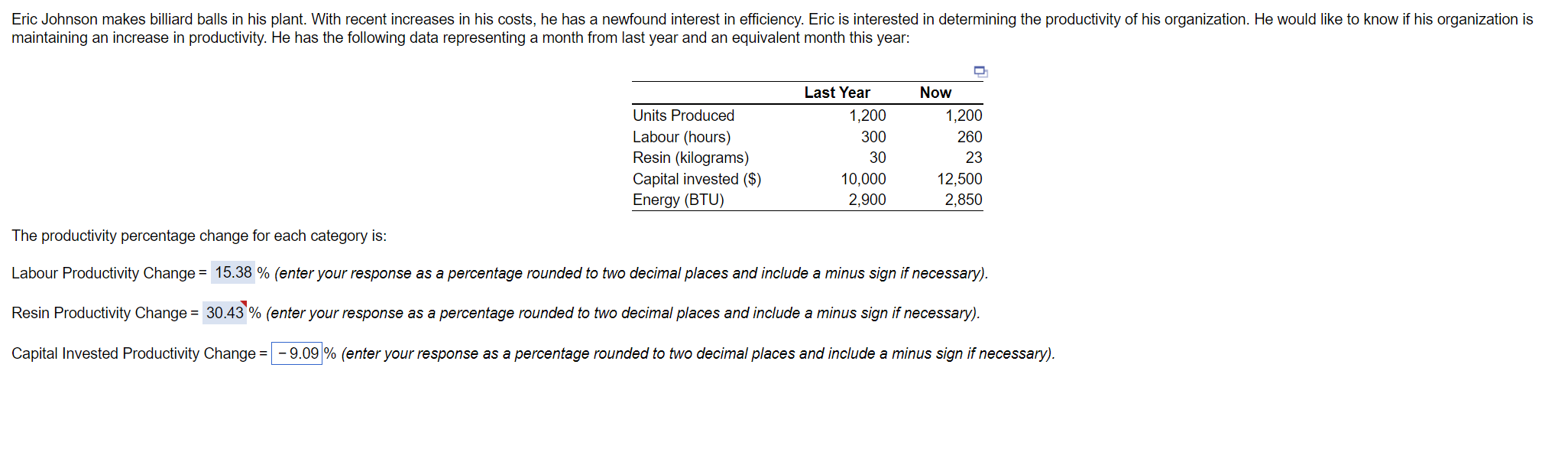 Solved The productivity percentage change for each category | Chegg.com