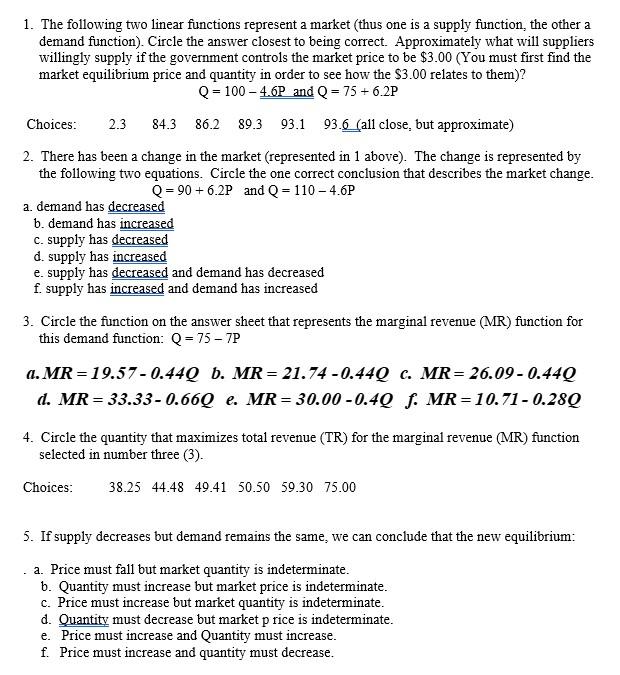 1. The following two linear functions represent a | Chegg.com
