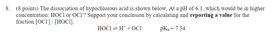 Solved 8 8 Points The Dissociation Of Hypochlorous Acid