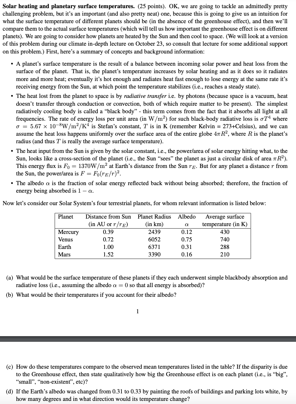 Solved Solar heating and planetary surface temperatures. | Chegg.com