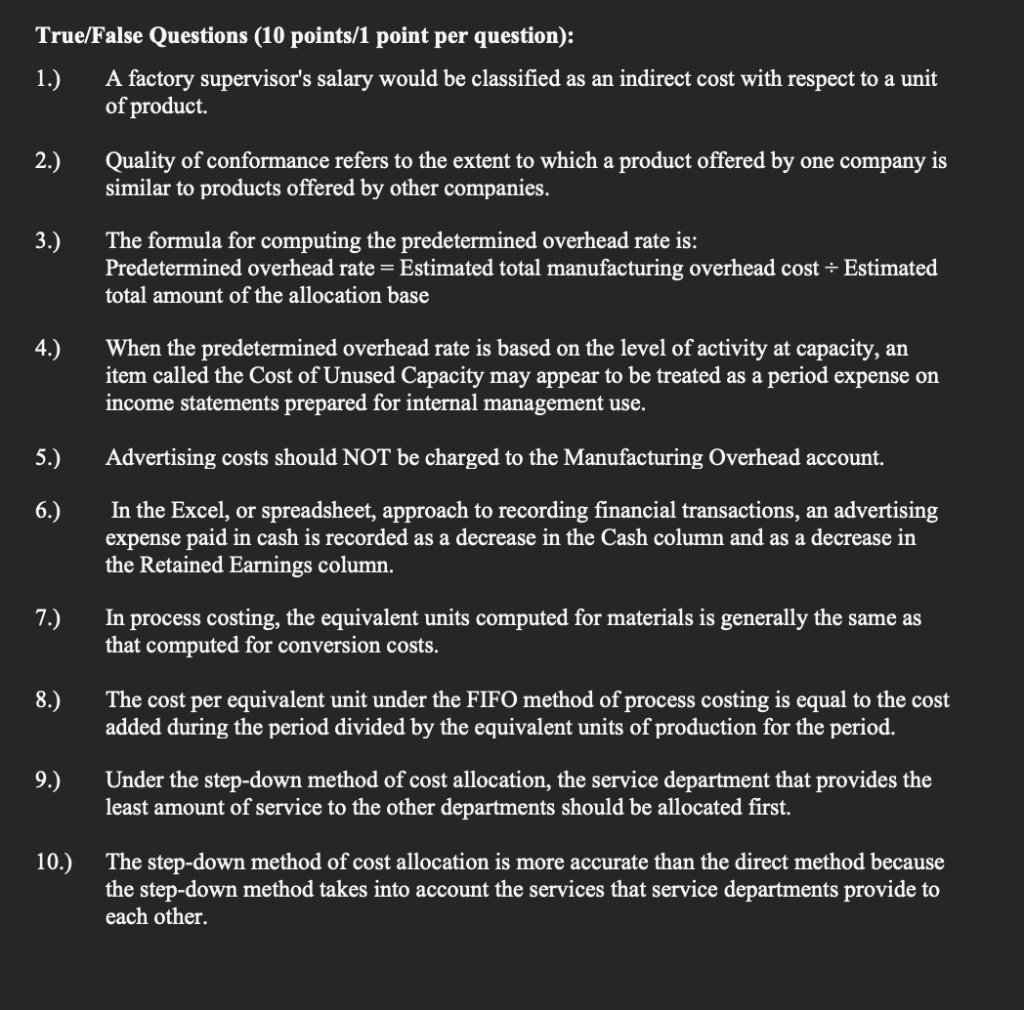 Solved True/False Questions (10 points/1 point per | Chegg.com