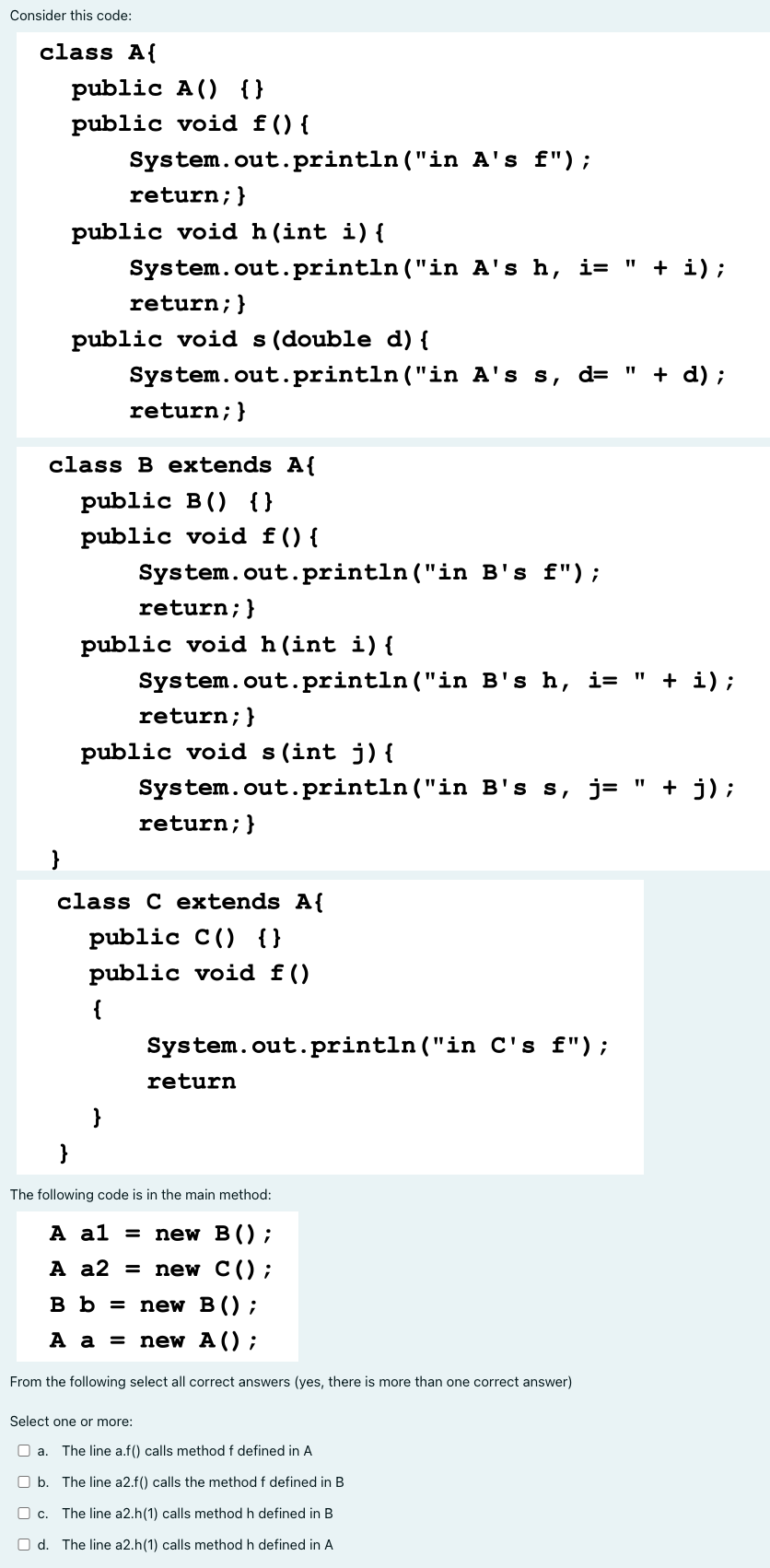 Solved Consider this code:class A{public A() {}public void | Chegg.com