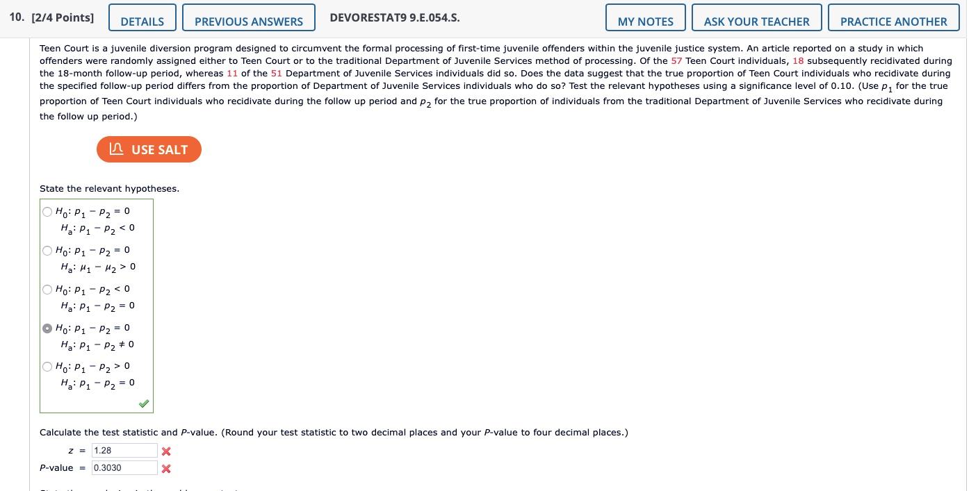 Solved 10. [2/4 Points) DETAILS PREVIOUS ANSWERS DEVORESTAT9 | Chegg.com