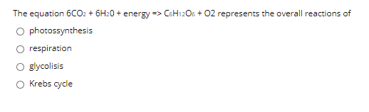 Solved The equation 6CO2 + 6H20 + energy => C6H12O6 + O2 | Chegg.com