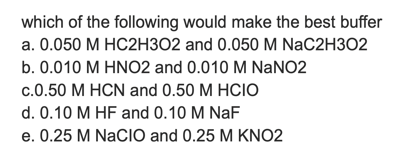 Solved which of the following would make the best buffer a. | Chegg.com