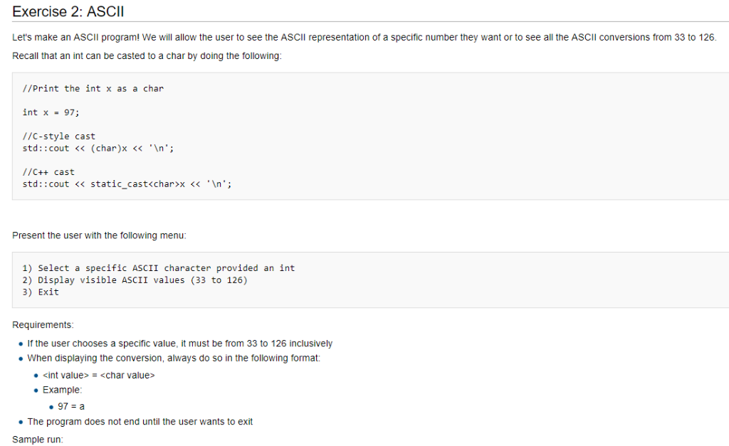 Solved Exercise 2: ASCIl Let's make an ASCIl program! We | Chegg.com