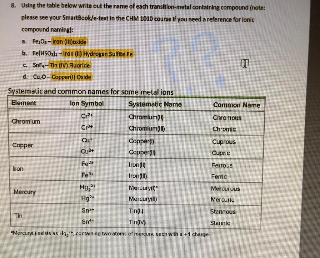 Solved 8 Using The Table Below Write Out The Name Of Each Chegg