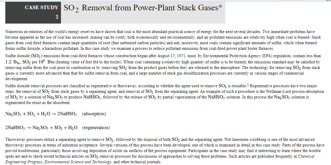 CASE STUDY SO2 Removal from Power-Plant Stack Gases* | Chegg.com