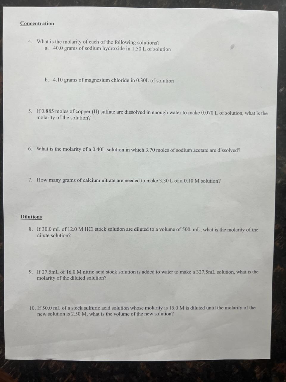Solved Concentration 4. What is the molarity of each of the | Chegg.com