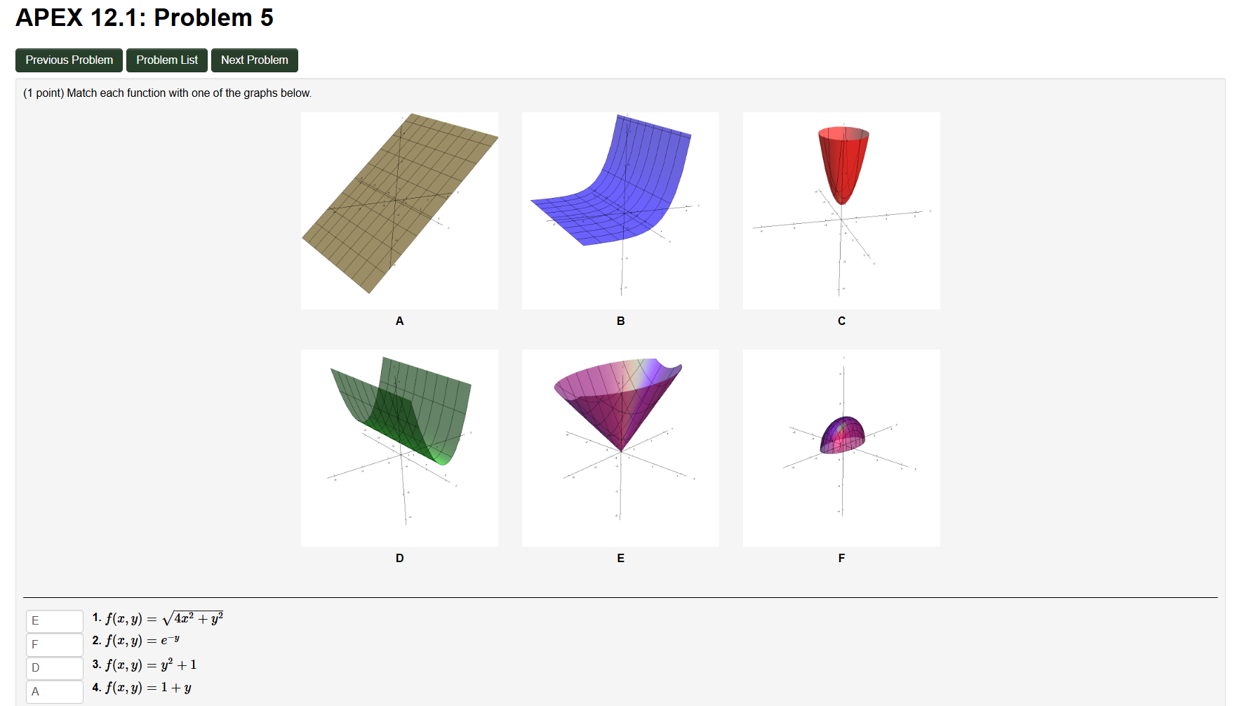 Solved APEX 12.1: Problem 5(1 point) Match each function | Chegg.com Solved APEX 12.1: Problem 5(1 point) Match each function | Chegg.com