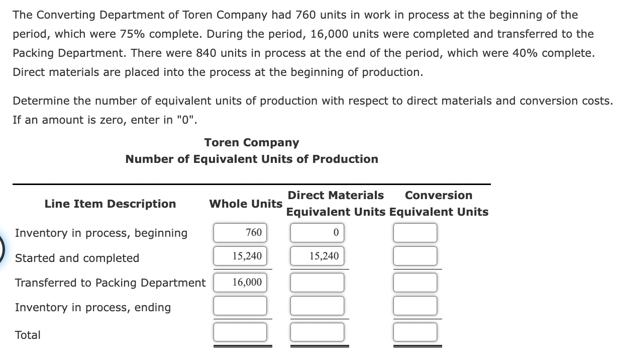 Solved The Converting Department of Toren Company had 760 | Chegg.com