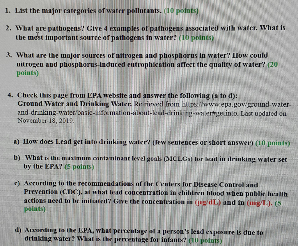 1. List the major categories of water pollutants. (10 | Chegg.com