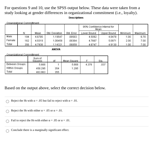 Solved For questions 9 and 10 , use the SPSS output below. | Chegg.com