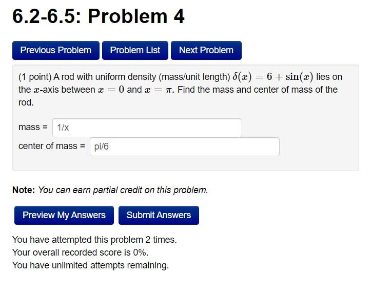 Solved (1 point) A rod with uniform density (mass/unit | Chegg.com