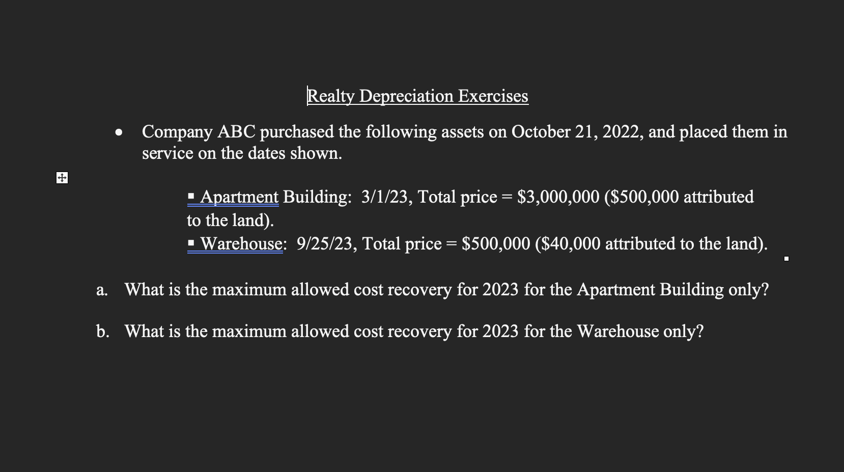 Solved Realty Depreciation Exercises - Company ABC purchased | Chegg.com