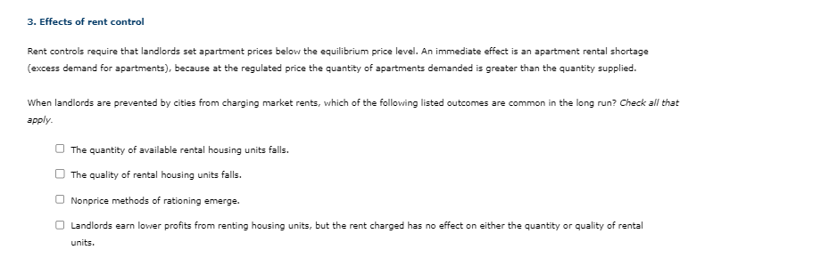 Solved 3. Effects of rent control Rent controls require that | Chegg.com