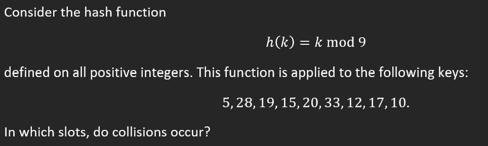 Solved Consider the hash function h(k)=kmod9 defined on all | Chegg.com