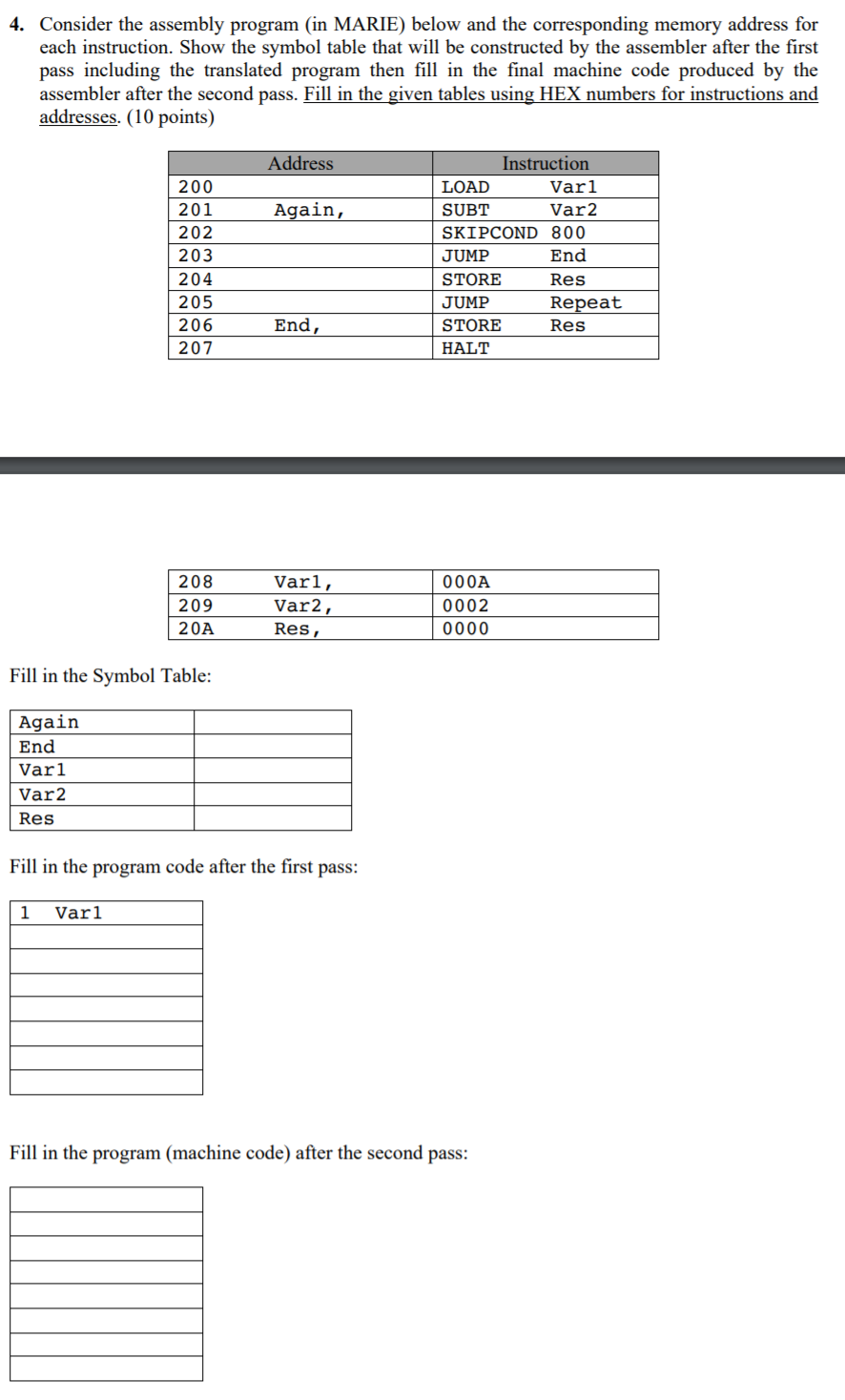 Solved 4. Consider the assembly program (in MARIE) below and | Chegg.com