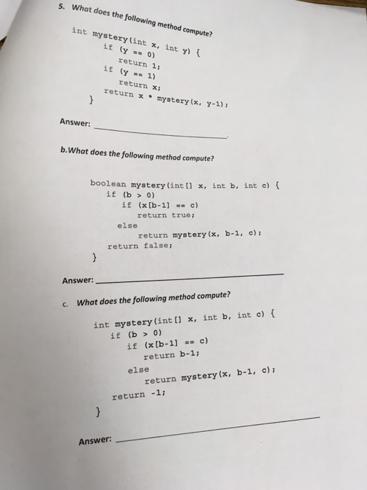 Solved 5. What does the following method compute? int | Chegg.com