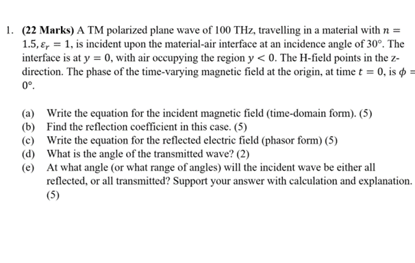 1. (22 Marks) A TM polarized plane wave of 100 THz, | Chegg.com