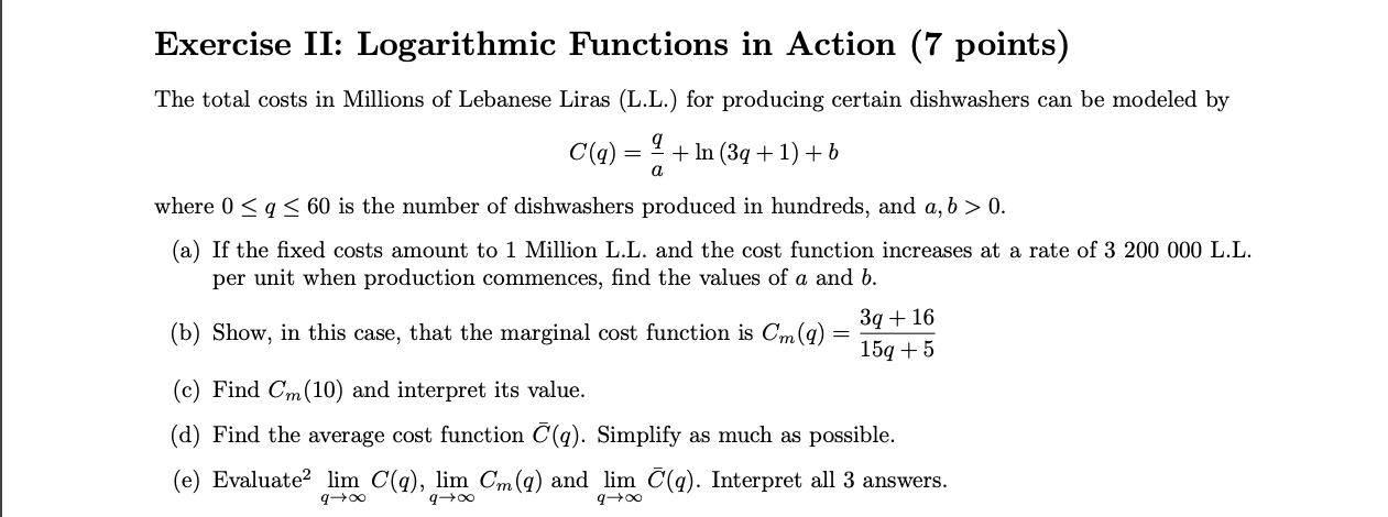 Solved Exercise II: Logarithmic Functions in Action (7 | Chegg.com