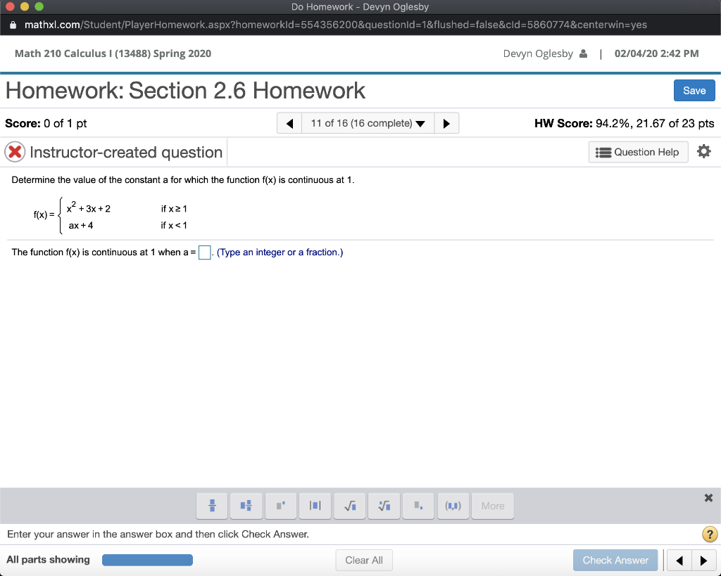 Solved Do Homework - Devyn Oglesby mathxl.com/Student/Player | Chegg.com