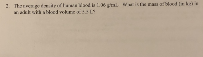 Solved The average density of human blood is 1.06 g/mL. What | Chegg.com