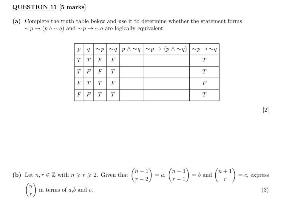 Solved QUESTION 11 (5 marks] (a) Complete the truth table | Chegg.com