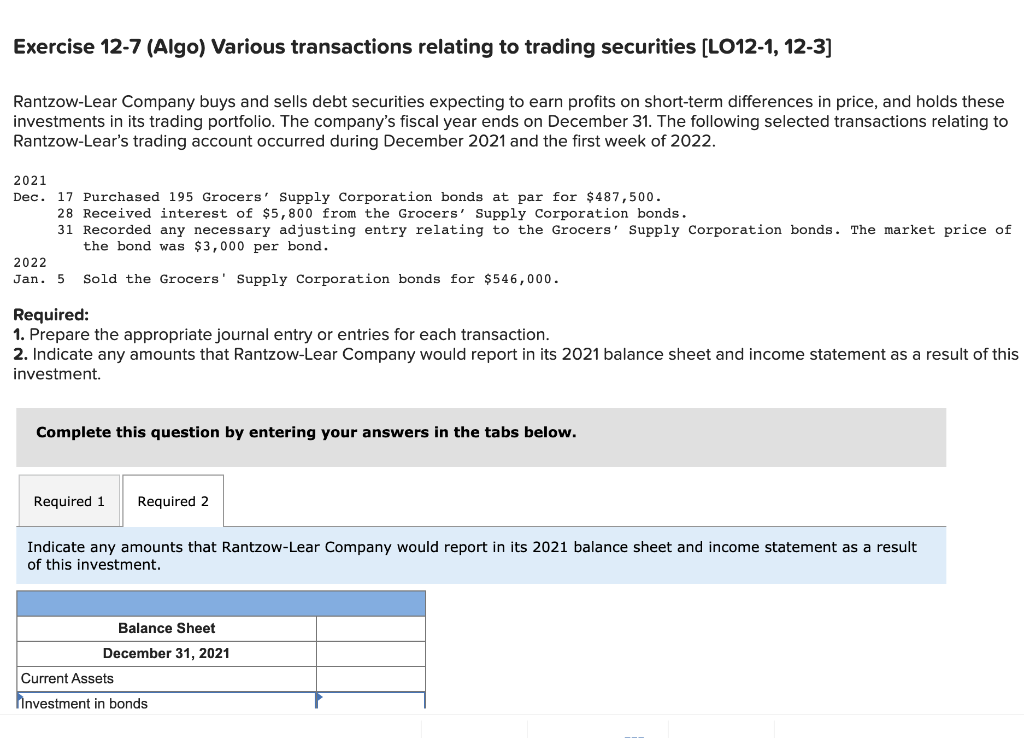 Solved Exercise 12-7 (Algo) Various transactions relating to | Chegg.com