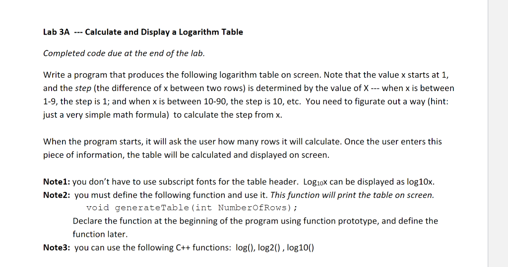 Solved Lab 3A --- Calculate and Display a Logarithm Table | Chegg.com
