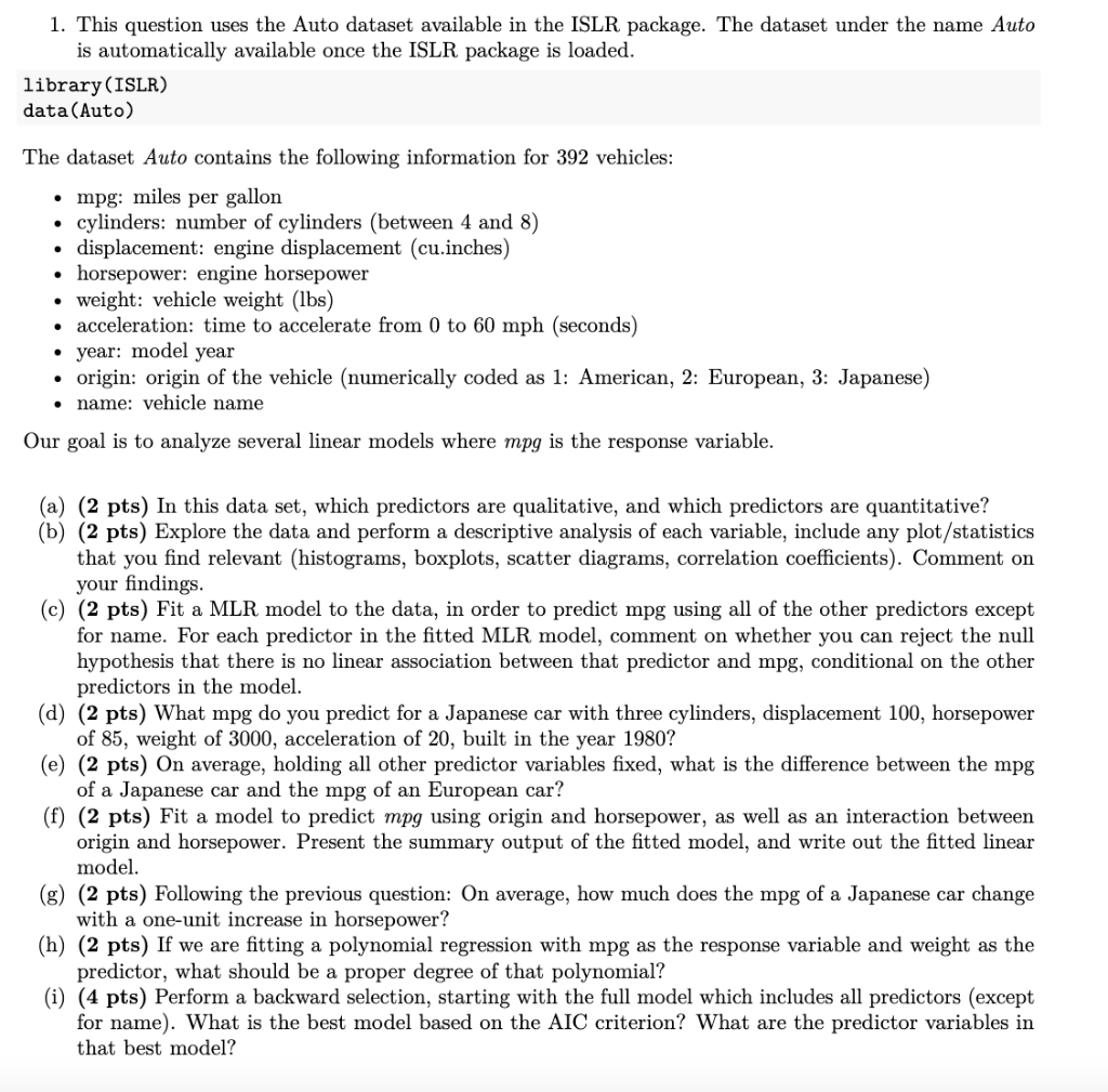 Solved 1. This question uses the Auto dataset available in | Chegg.com