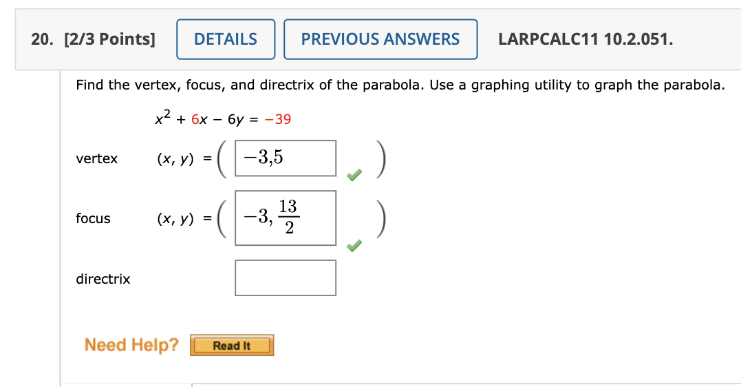 Solved Find the vertex, focus, and directrix of the | Chegg.com