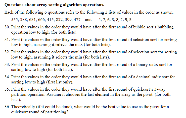 Solved Questions about array sorting algorithm operations. | Chegg.com