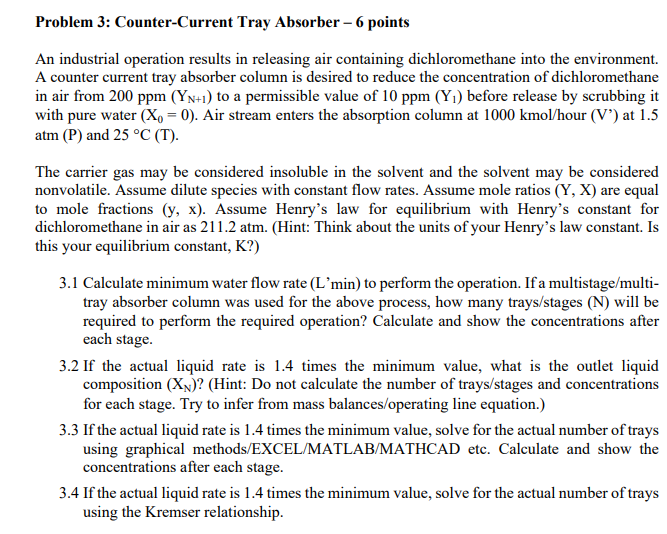 Problem 3: Counter-Current Tray Absorber - 6 points | Chegg.com