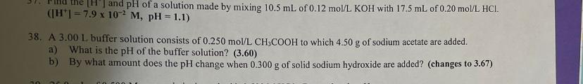 Solved (∣H+∣=7.9×10−2M,pH=1.1) 38. A 3.00 L buffer solution | Chegg.com