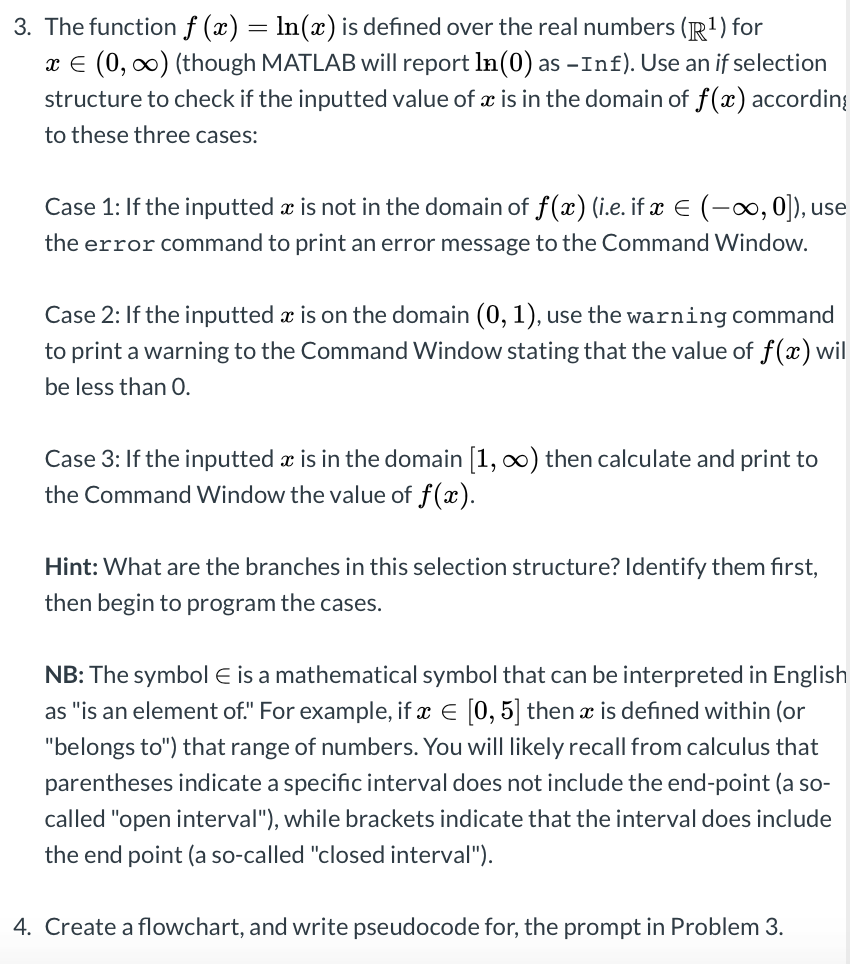 Solved 3 Function F X Ln X Def Ned Real Numbers R1 X E 0 Oo Though Matlab Report Ln 0 Inf