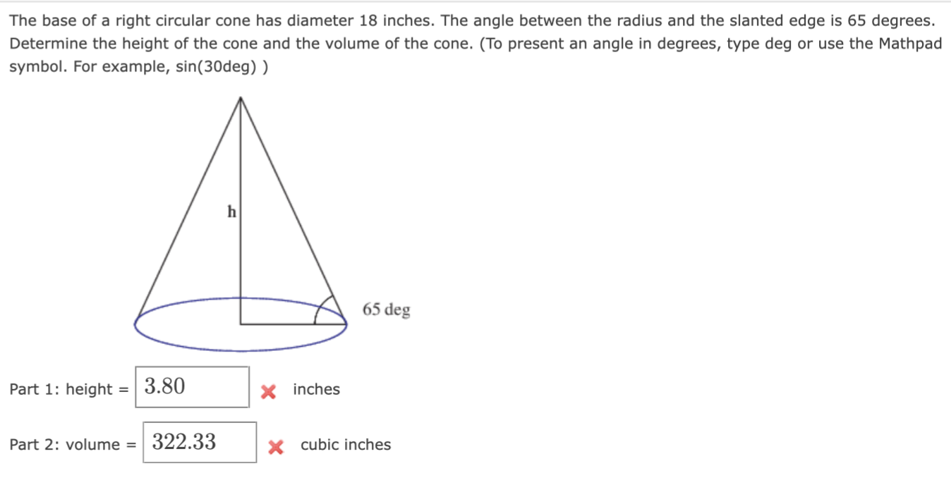Solved The base of a right circular cone has diameter 18 | Chegg.com