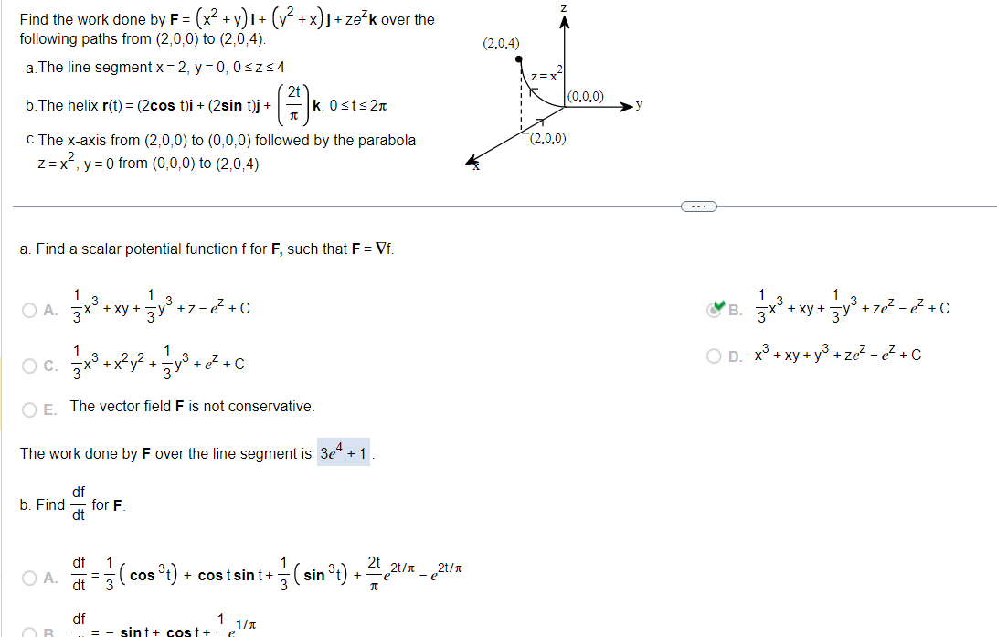 Find the work done by F=(x2+y)i+(y2+x)j+zezk over the | Chegg.com
