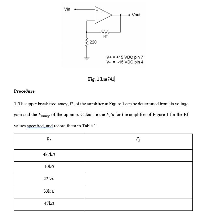 Solved Vout V+ = +15 VDC pin 7 V- = -15 VDC pin 4 Fig. 1 | Chegg.com