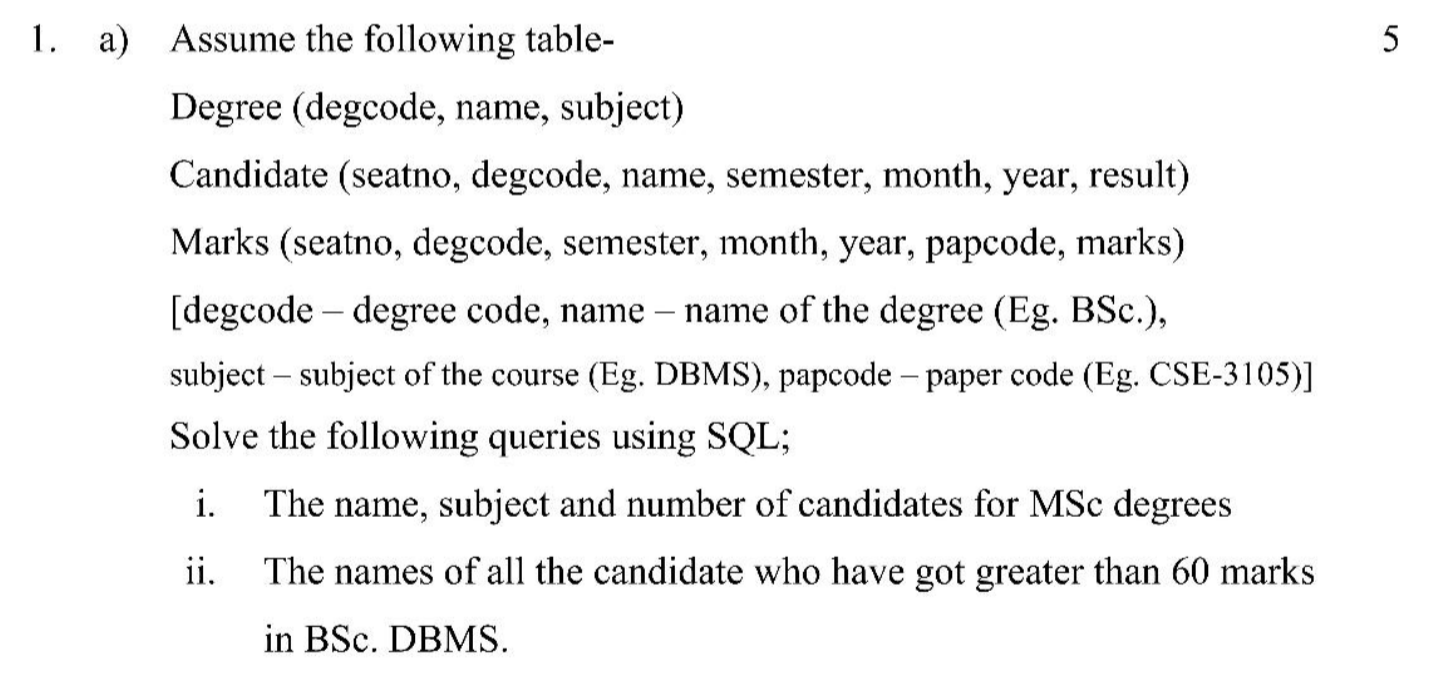 Solved 5 1. a) Assume the following table- Degree (degcode, | Chegg.com