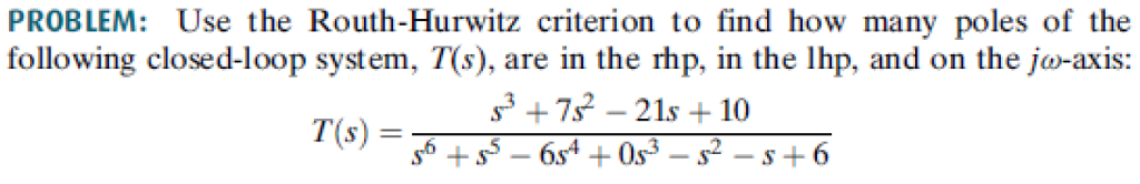Solved PROBLEM: Use the Routh-Hurwitz criterion to find how | Chegg.com