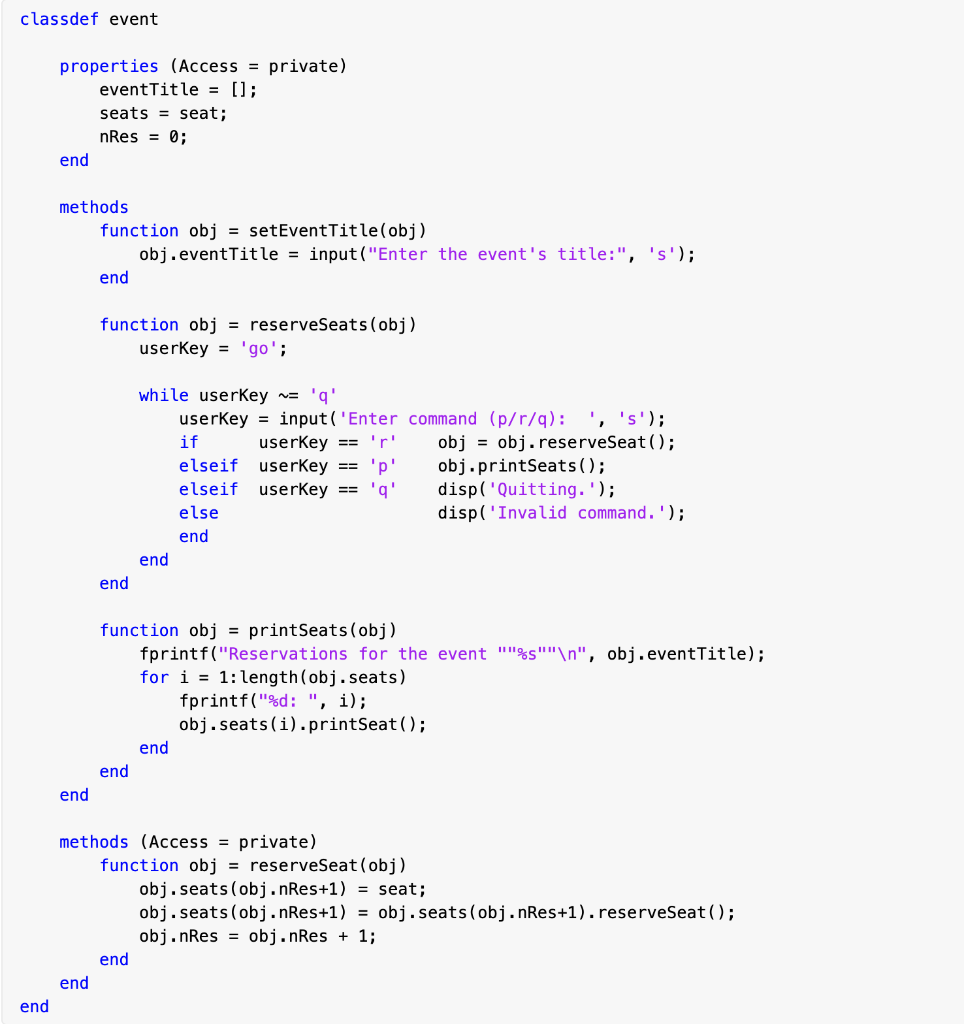 In MATLAB Use these example codes for the "seat | Chegg.com